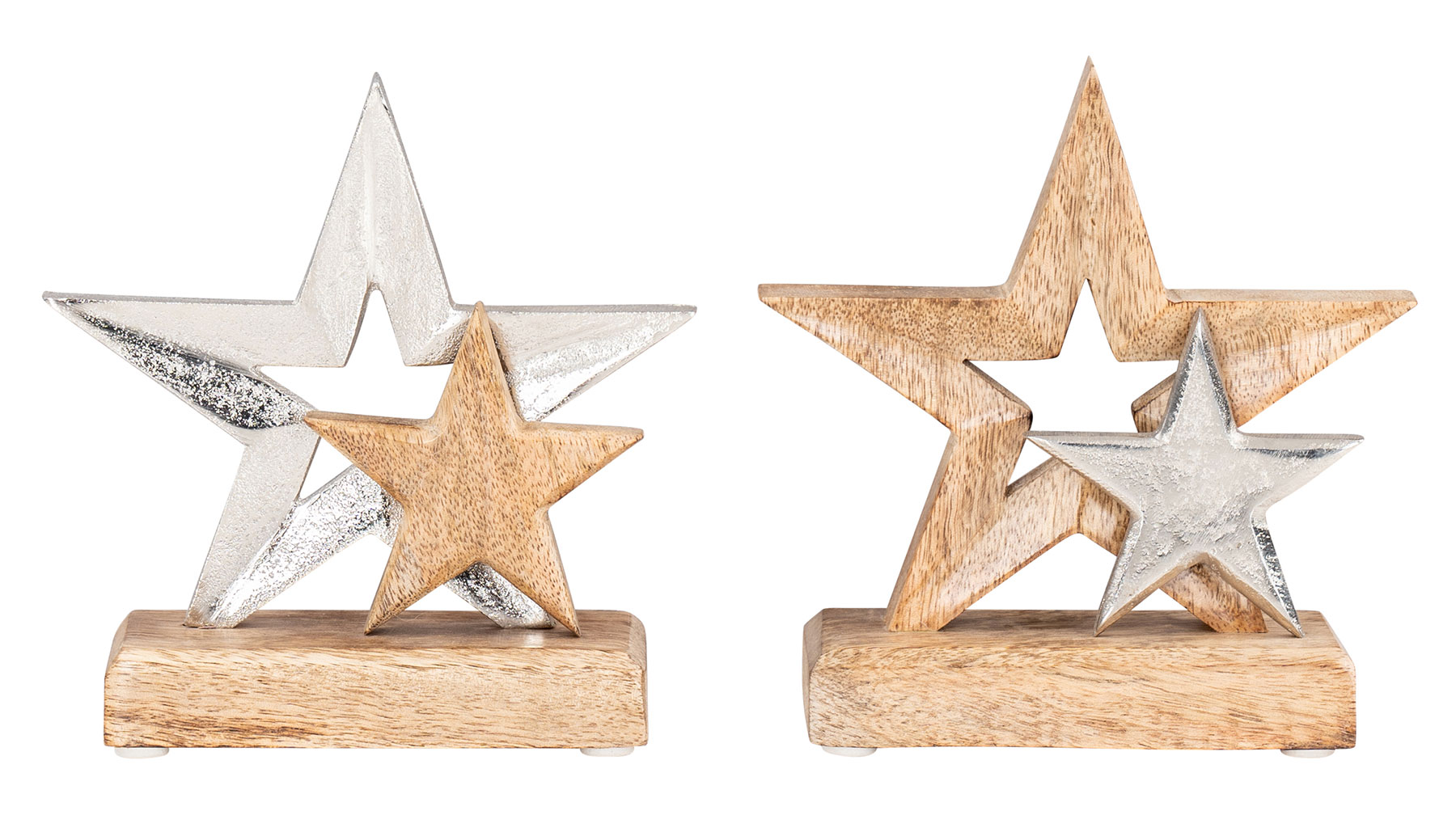 2er Set Stern je 15x15cm Metall Metallstern Mango Silber Braun Holzstern Holz